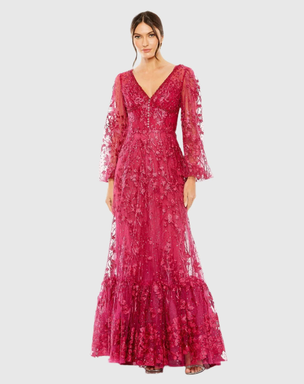Mac Duggal Pink Puff Sleeve A-Line Embroidered Gown #20430 Cranberry ...